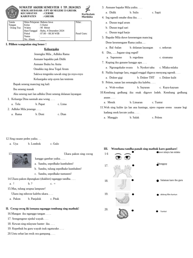 SOALA BAHASA JAWA KELAS 1 TAHUN AJARAN 2024 | PDF