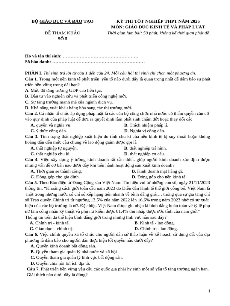 ĐỀ VIP 5 - PHÁT TRIỂN ĐỀ MINH HỌA BGD NĂM 2025 - MÔN GD KT&PT (LH2) - iExbS0I5h5 | PDF