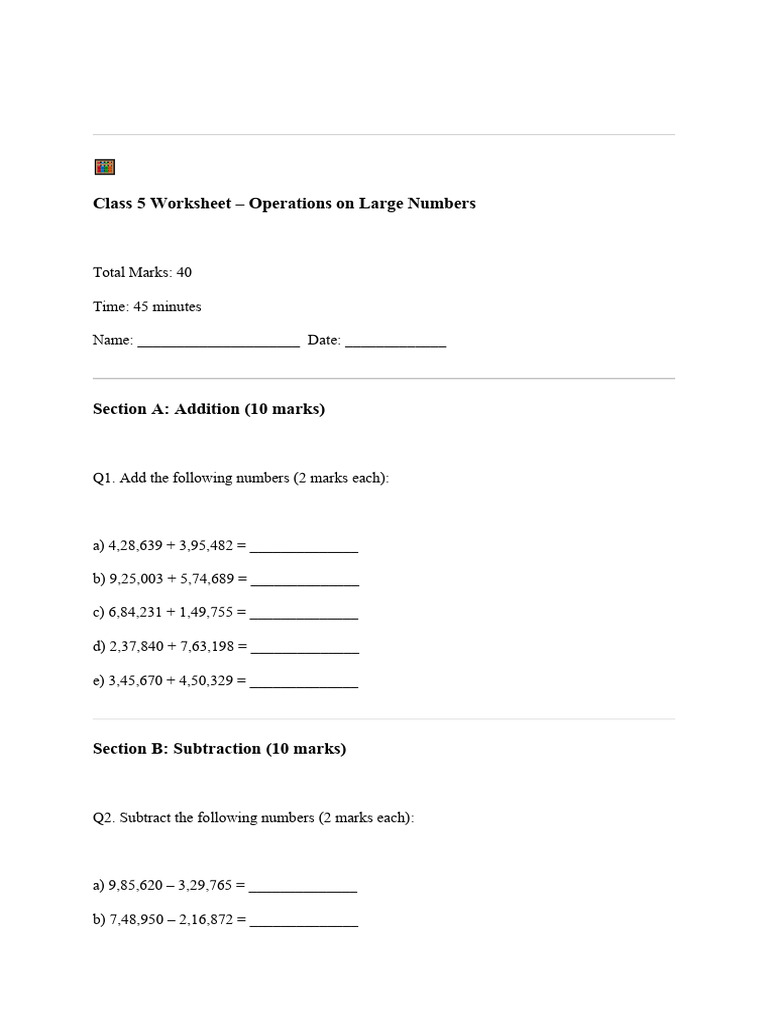 Class 5 Large Numbers Worksheet | PDF