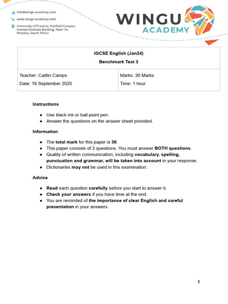 iGCSE English Benchmark Test 3 Guide | PDF