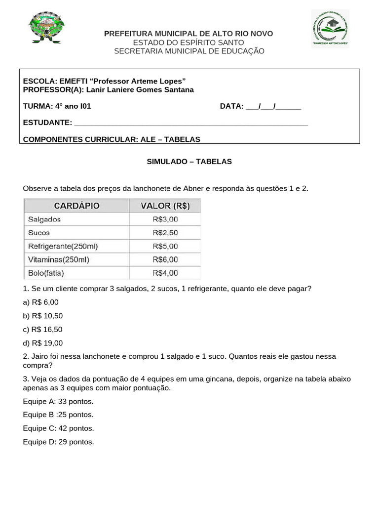Simulado Tabela Ale | PDF