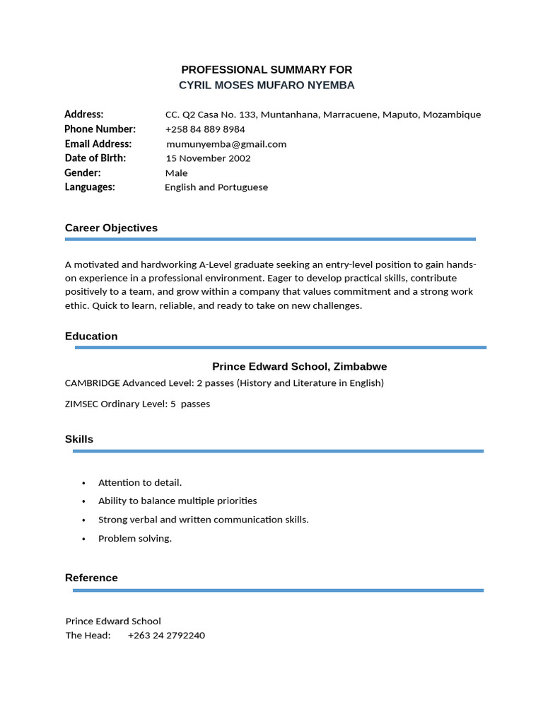 Entry-Level Resume for Cyril Nyemba | PDF