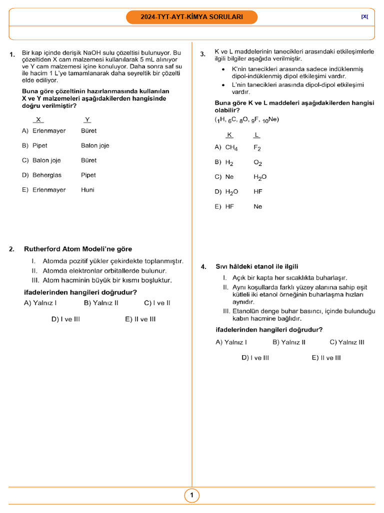 2024 Tyt Ayt Kimya Sorulari | PDF