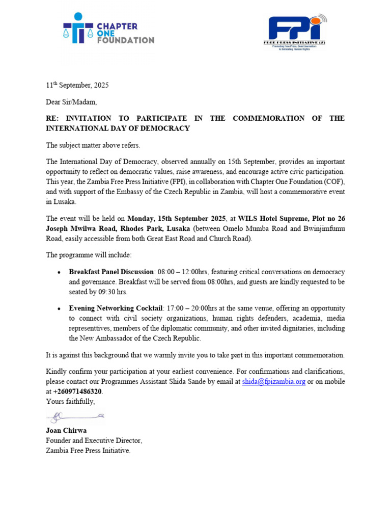 Inter. Day of Democracy Invitation Letter | PDF