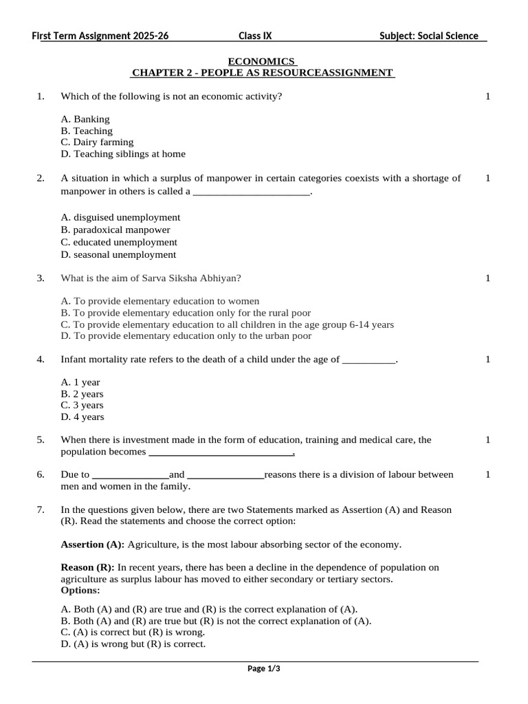 2025-26 C-9 ECO CH-2 People As Resource ASSIGNMENT | PDF | Unemployment | Economics