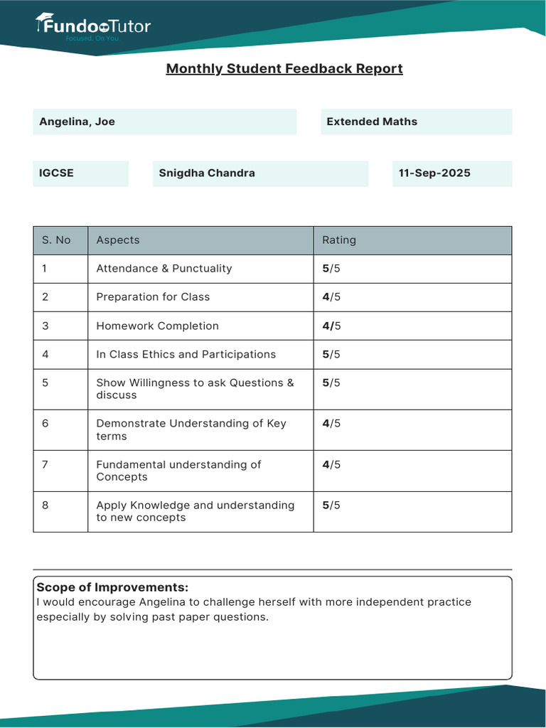 Angelina's Monthly Feedback by Teacher Snigdha Chandra For Extended ...