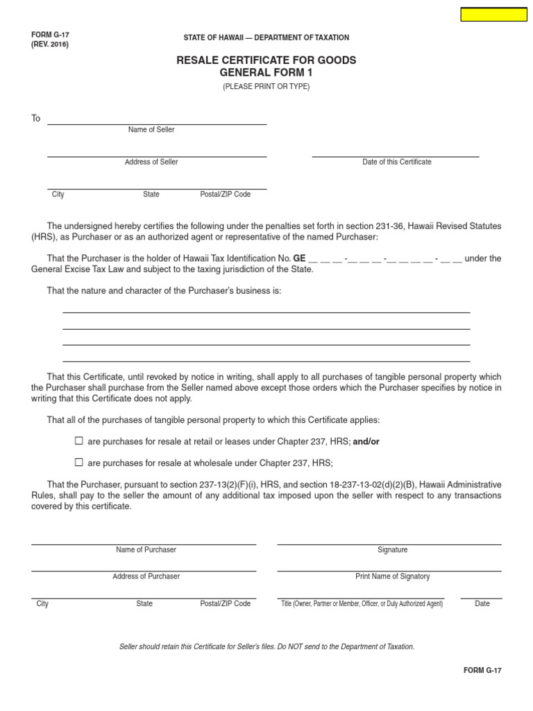 Resale Certificate For Goods General Form 1: (Please Print or Type ...