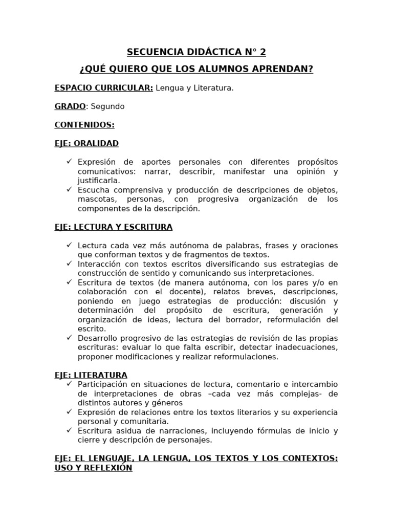 Secuencia Lengua Segundo Grado 2025 | PDF