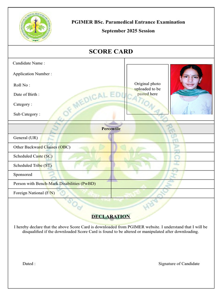Score Card: Pgimer Bsc. Paramedical Entrance Examination September 2025 ...