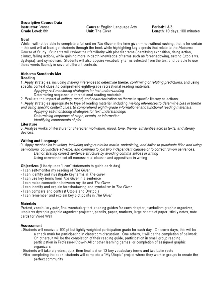 The Giver Unit Plan | PDF | The Giver | Reading (Process)