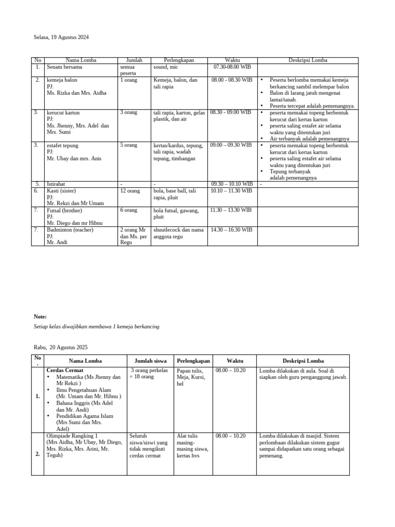 Jadwal Lomba 2025 | PDF