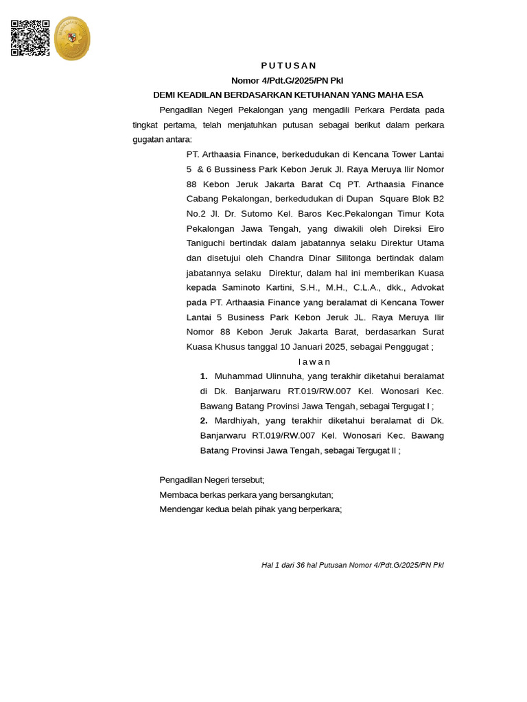Putusan 4 PDT.G 2025 PN PKL 20250902135825 | PDF