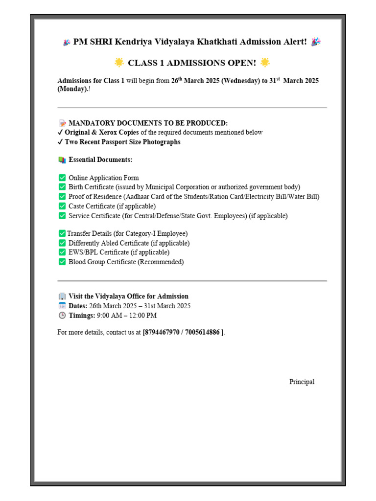 KV Khatkhati Class 1 Admissions 2025 | PDF