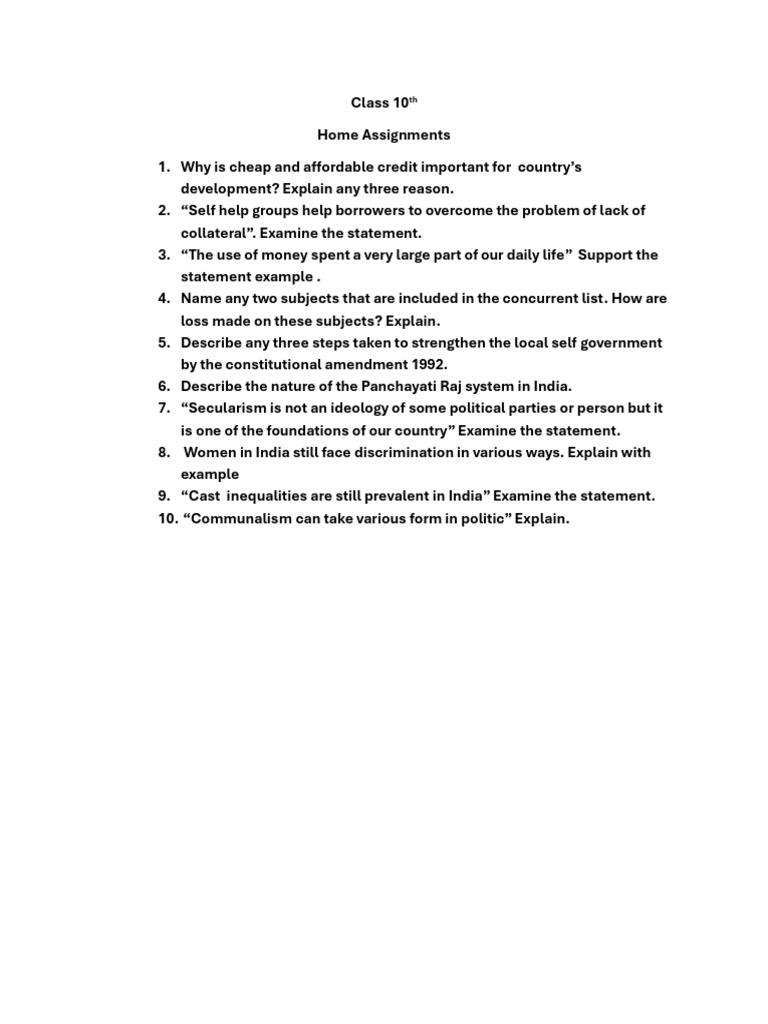 Class 10th Home Assignments (5th To 7th Sep) | PDF