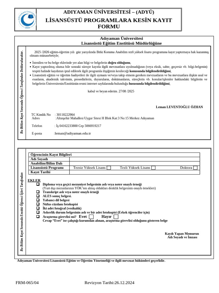 65.04.adyü-Frm-065 Lisansüstü Programlara Kesin Kayıt Formu | PDF