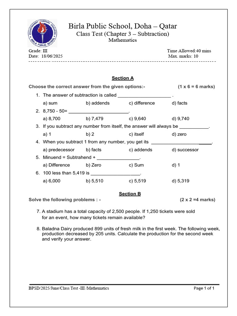 Grade 3 Subtraction Test 2025 | PDF