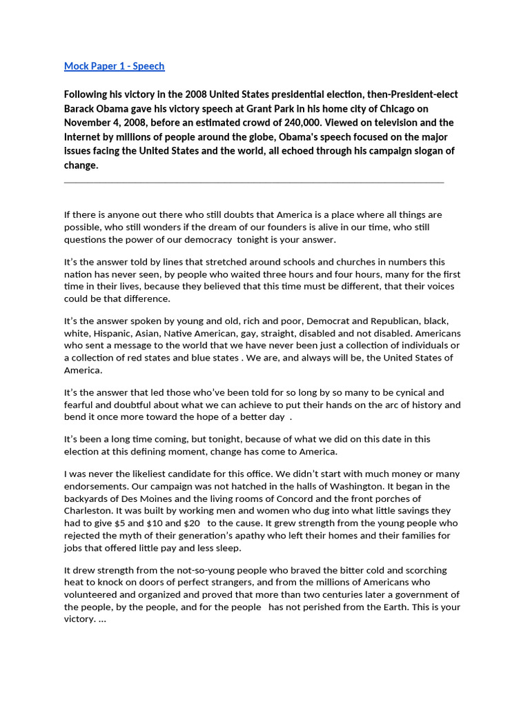 Obama's Victory Speech Analysis | PDF | Barack Obama | Presidency Of ...