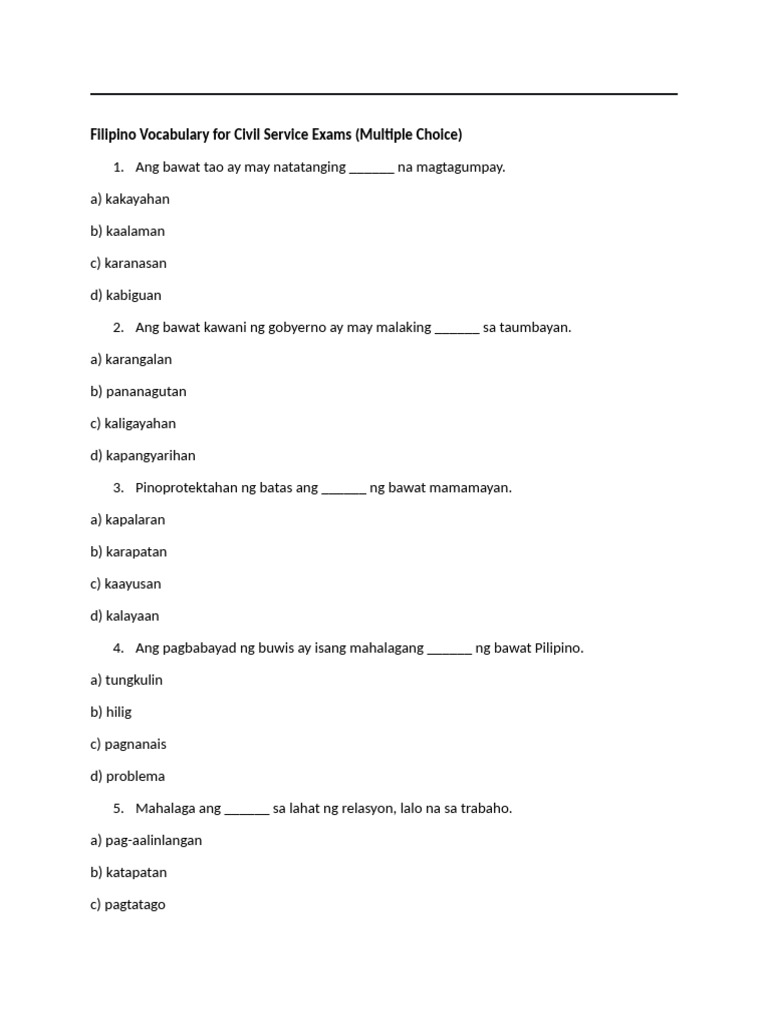 Filipino Vocabulary For Civil Service Exams | PDF