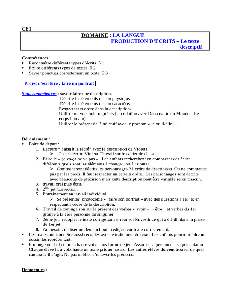 Portraits descriptifs en CE1 | PDF