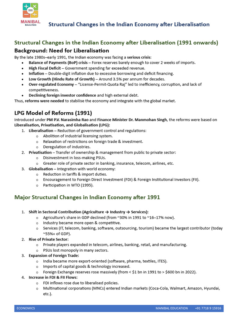 Structural Changes in India's Economy Post-1991 | PDF | Economy Of ...