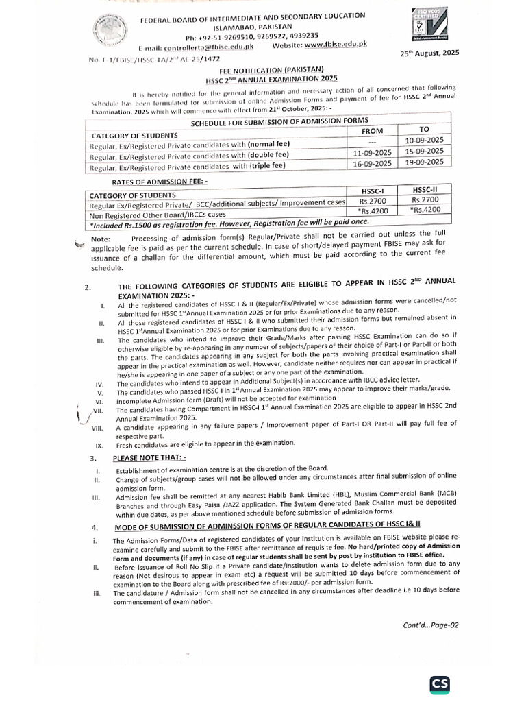 Fee Notification HSSC 2A25 Pakistan | PDF
