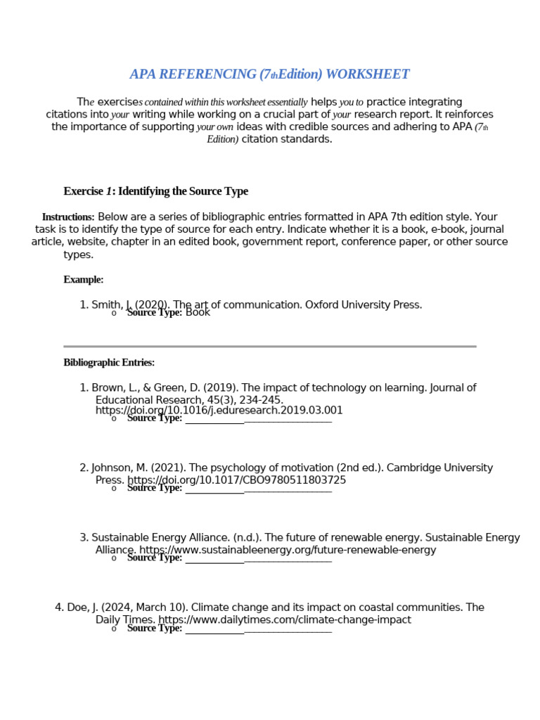 APA REFERENCING (7th Edition) WORKSHEET | PDF | Citation | Adolescence