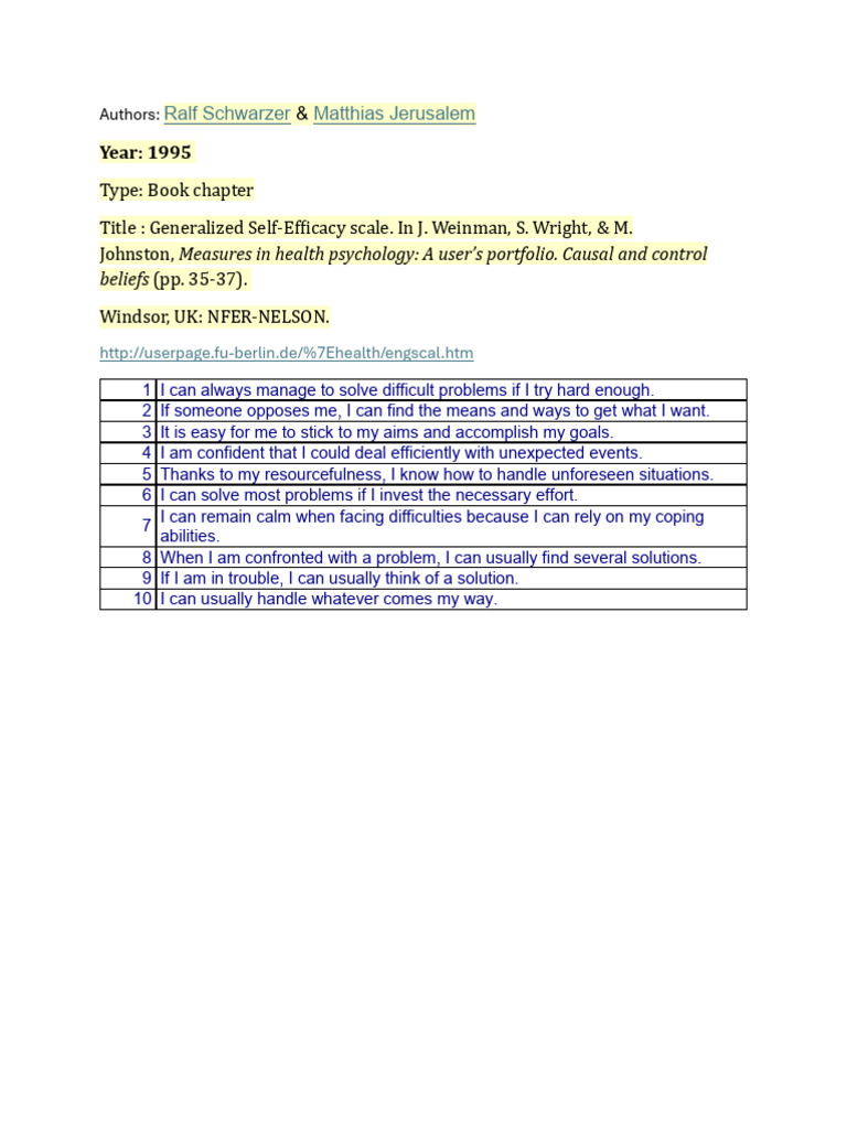 Generalized Self-Efficacy Scale 1995 | PDF