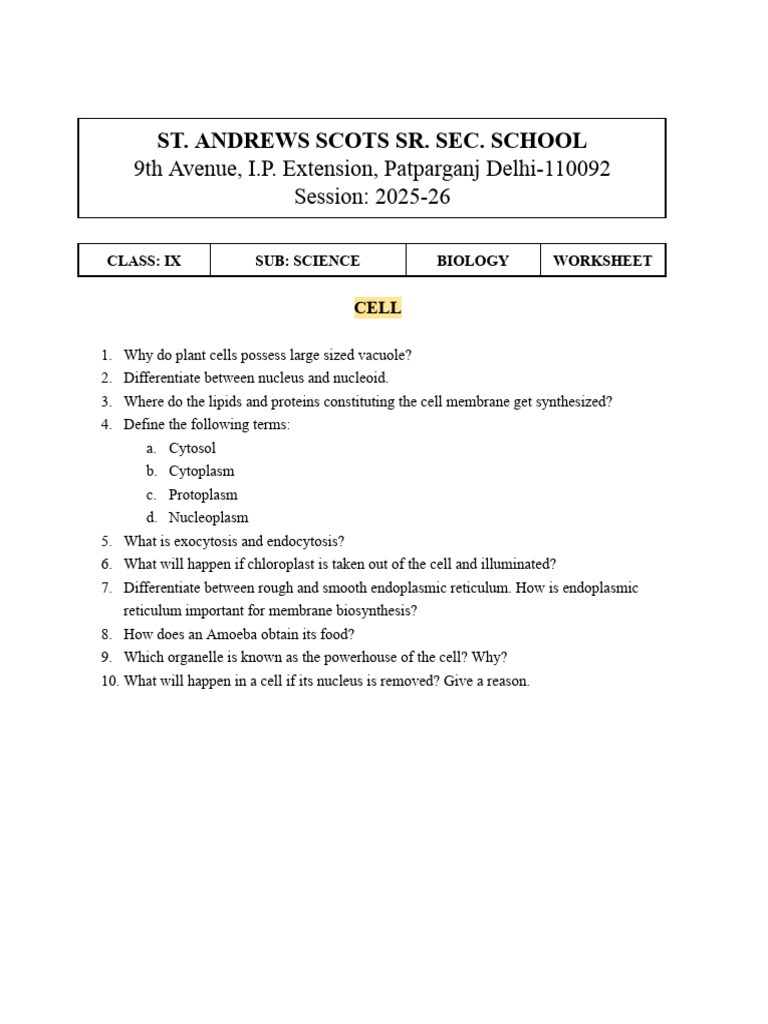 Class 9, Chapter Cell, Worksheet (2025-26) | PDF