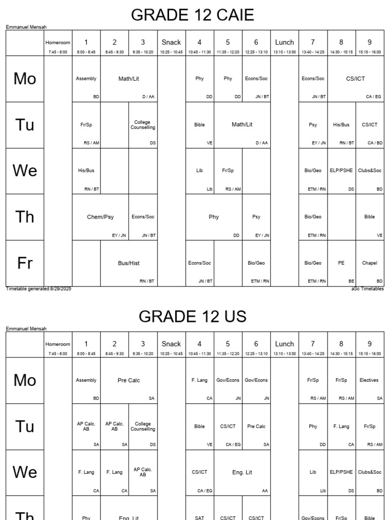 Emmanuel Mensah's 2025 School Timetable | PDF