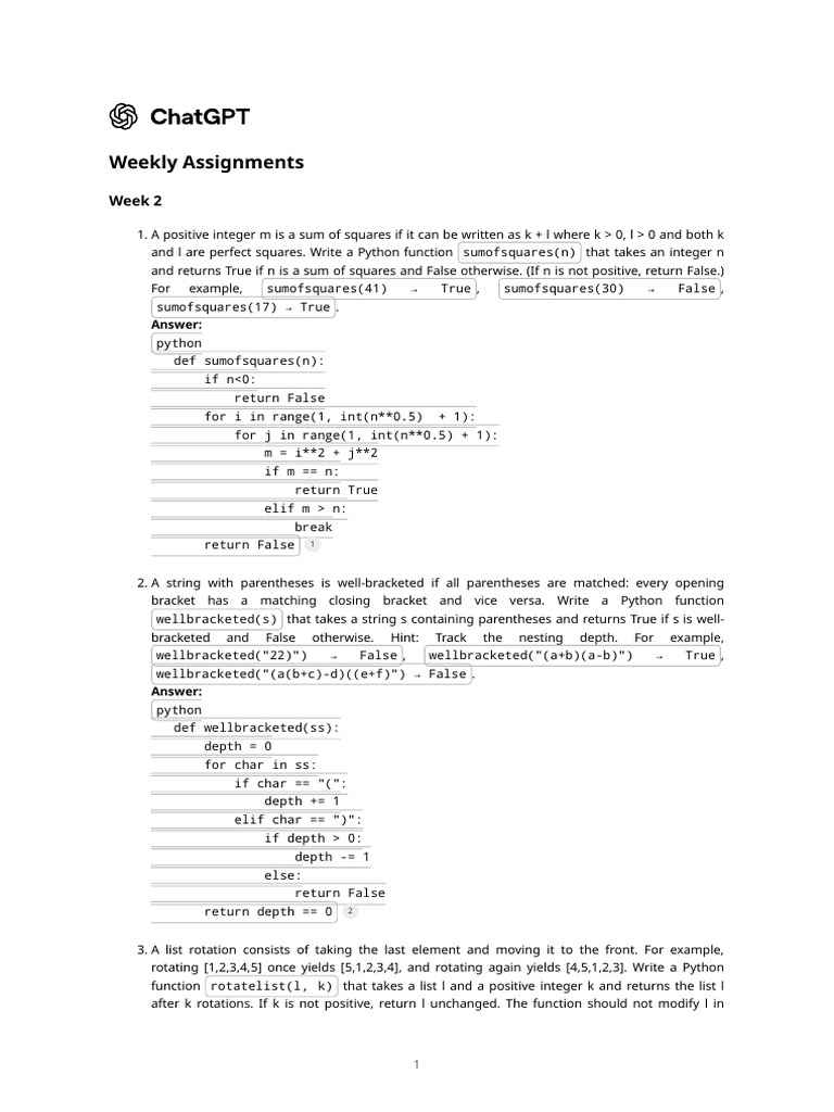 Weekly Assignments | PDF | Sequence | Bracket