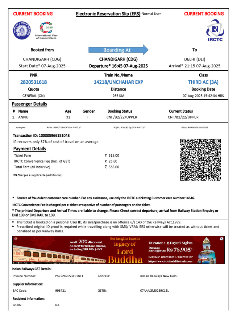 14218/UNCHAHAR EXP Third Ac (3A) | PDF | Identity Document | Payments