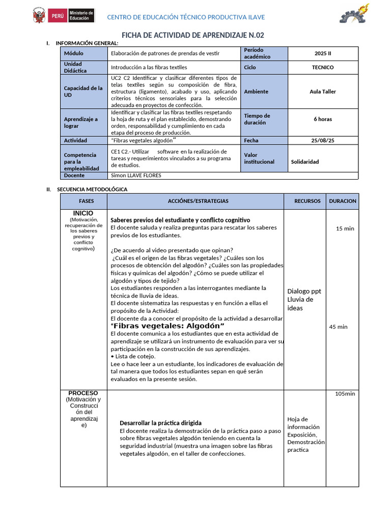 Ficha de Actividad #02-2UA. 2DoModulo | PDF | Textiles | Evaluación
