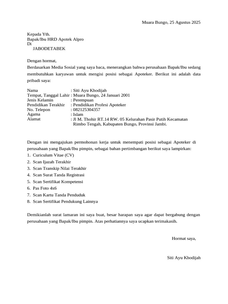Lamaran Kerja Apoteker Alpro | PDF