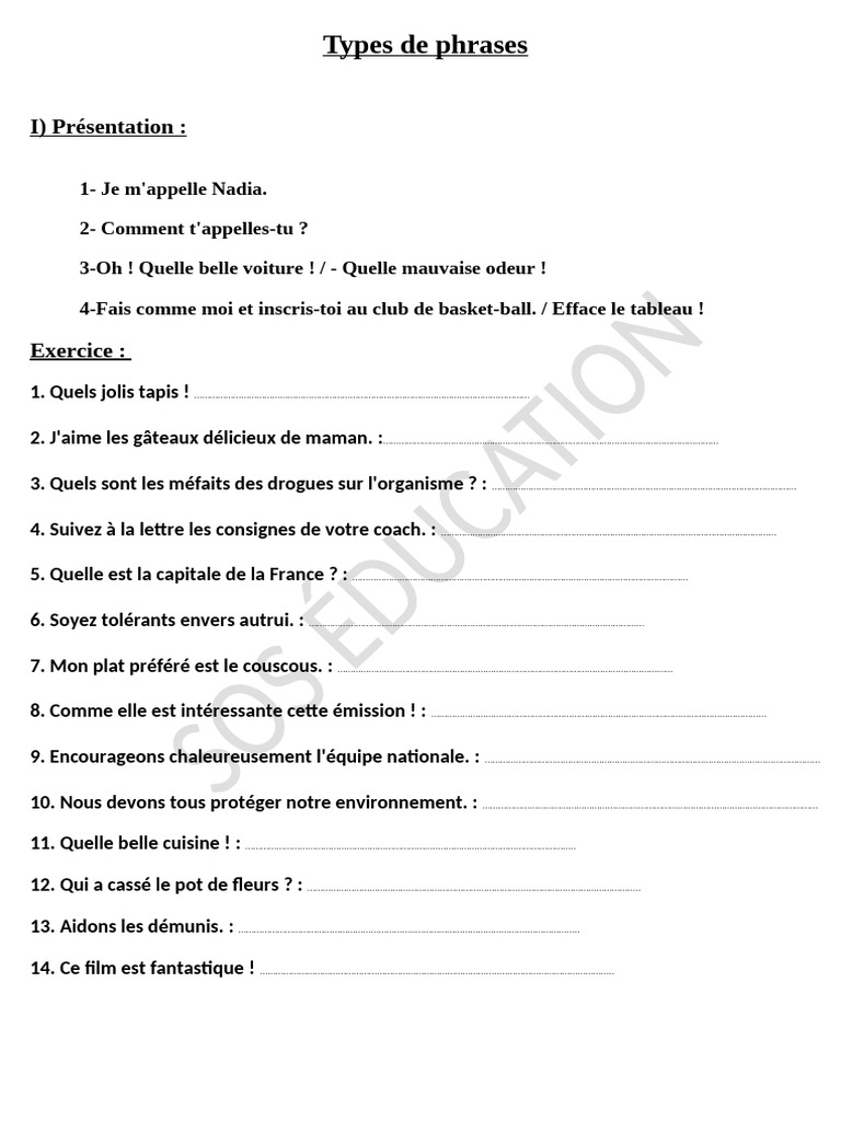 Types de phrases en français : Exemples et exercices | PDF