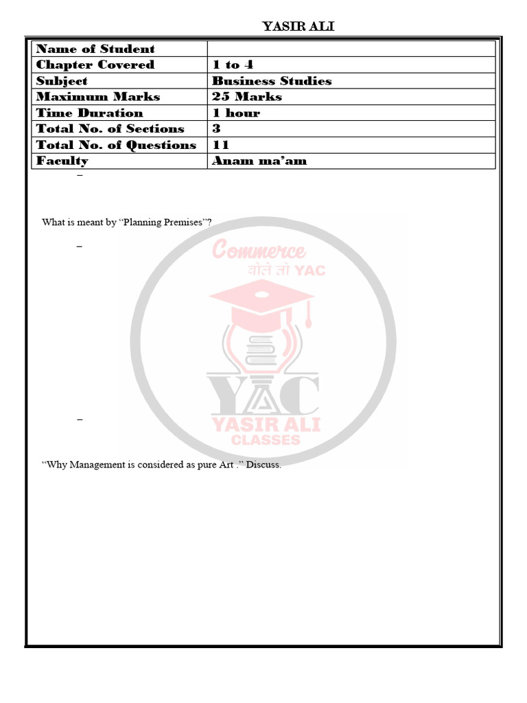 Business Studies Exam Guide: Chapters 1-4 | PDF