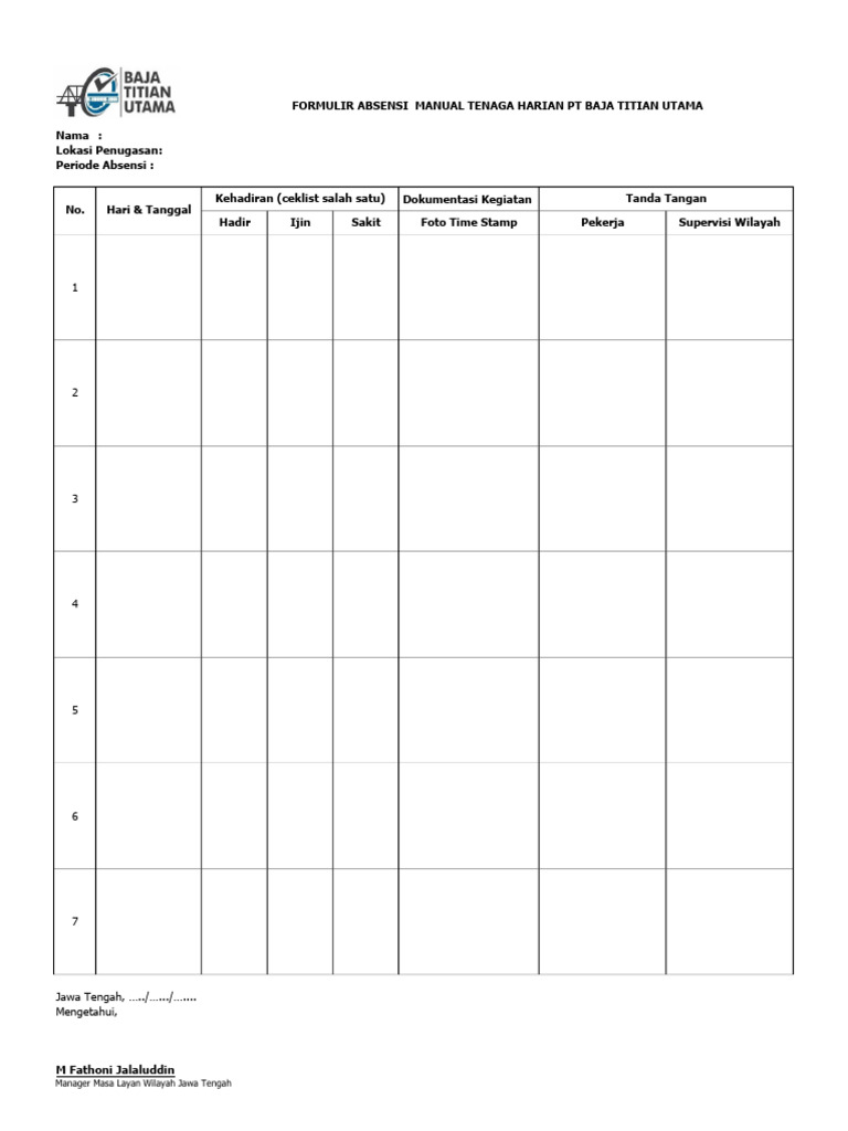 Form Absensi Manual Tenaga Harian | PDF