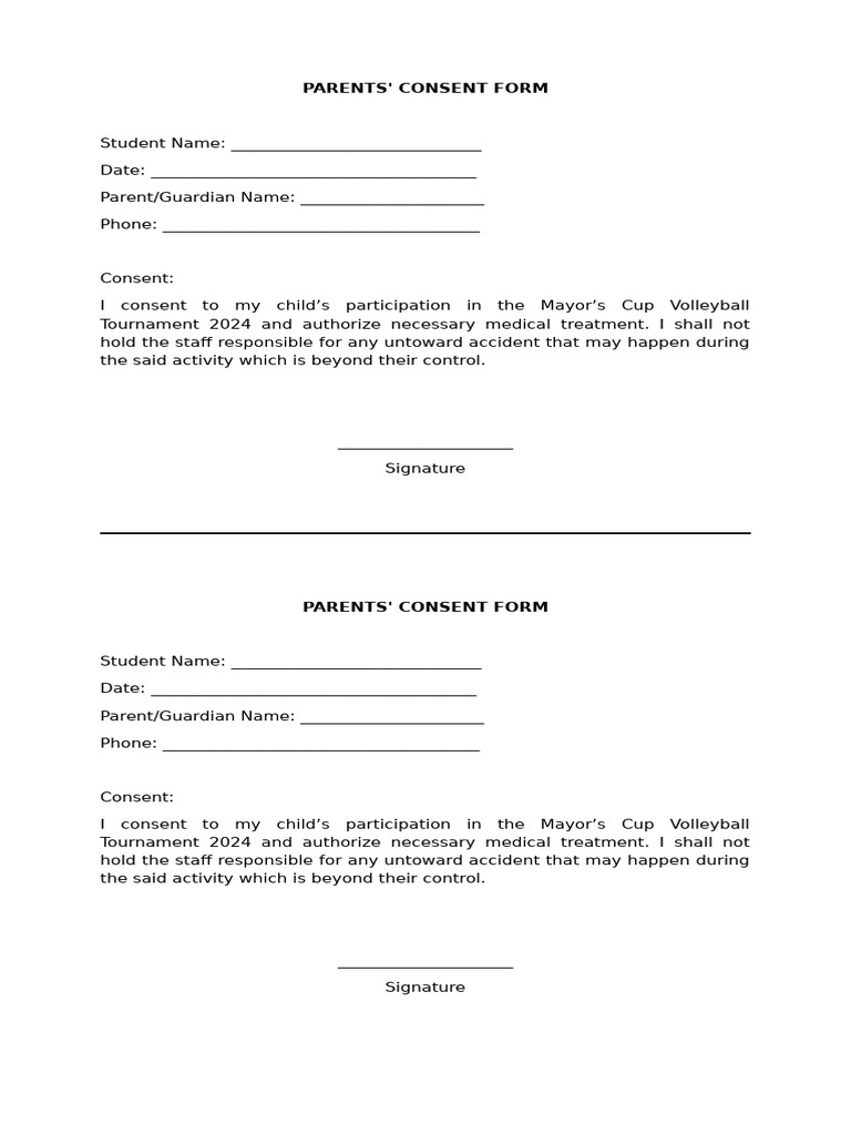 Parent Consent for Volleyball Tournament | PDF