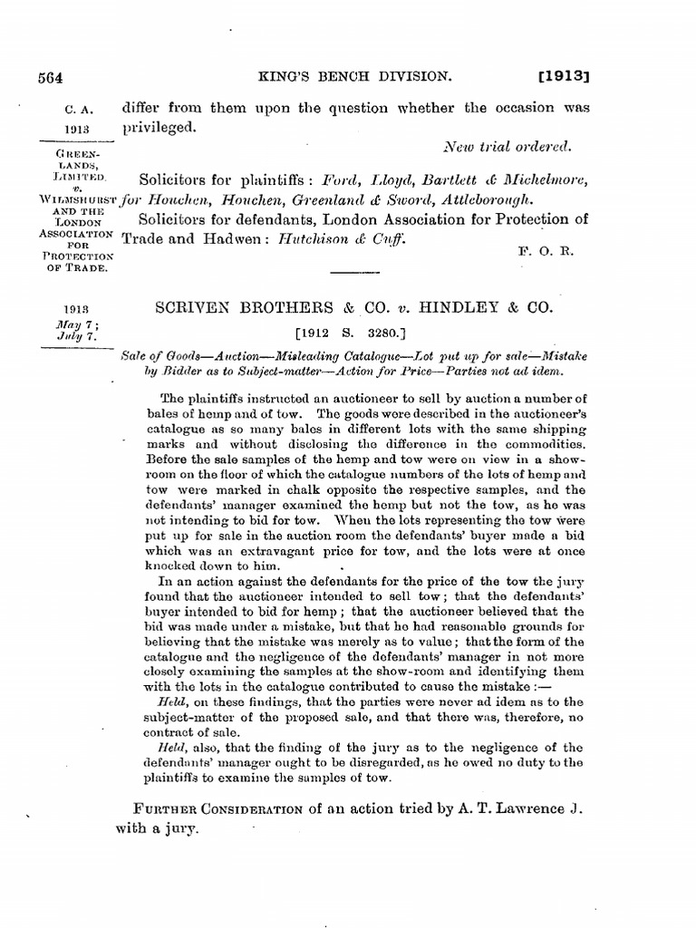 Scriven Bros v. Hindley: Auction Mistake | PDF
