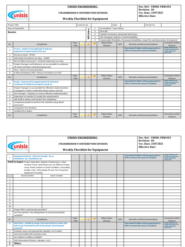 UNISIS .FRM.052 - Weekly Checklist For Diesel Generator | PDF ...