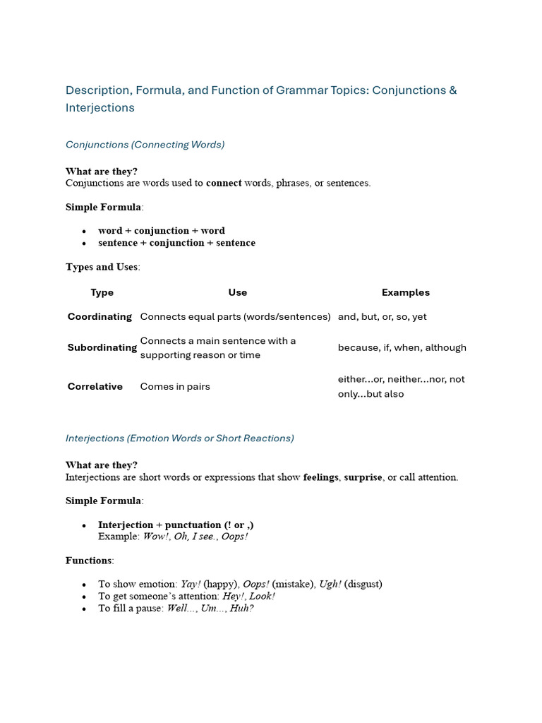 Understanding Conjunctions & Interjections | PDF | Grammar | Linguistics