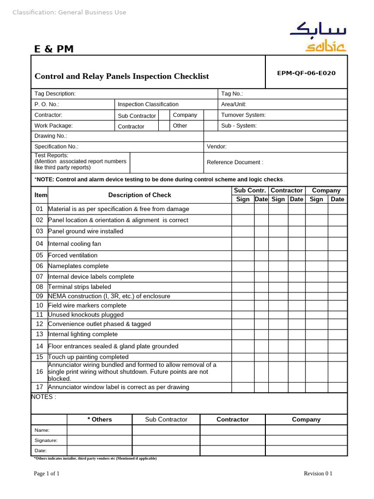 EPM-QF-06-E020-Control and Relay Panels Inspection Checklist | PDF ...