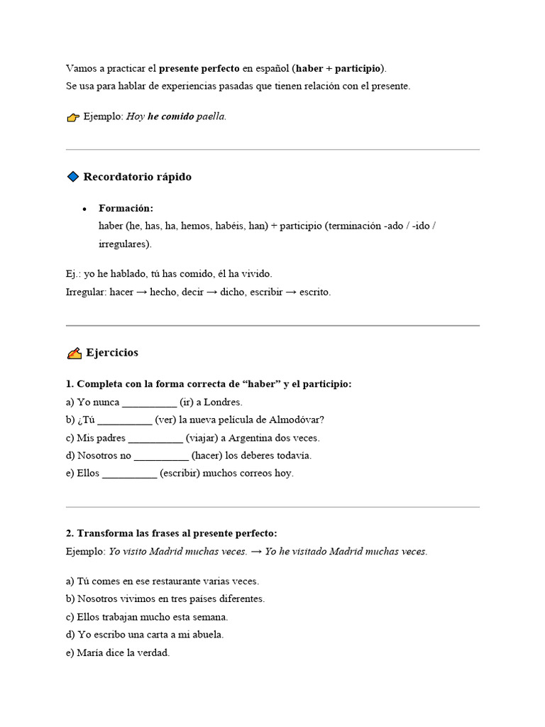 Ejercicios de Presente Perfecto en Español | PDF