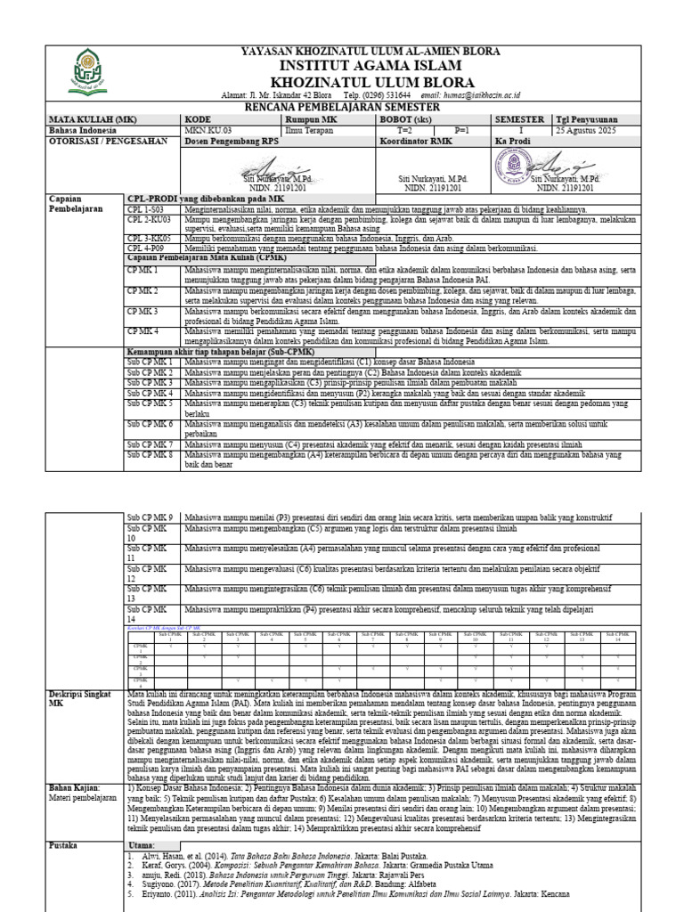 Rps Bahasa Indonesia - 2025-2026 | PDF