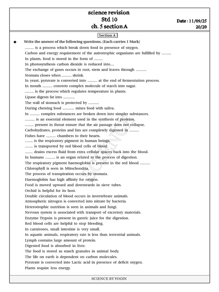 Std 10 Science Revision Questions | PDF | Digestion | Blood