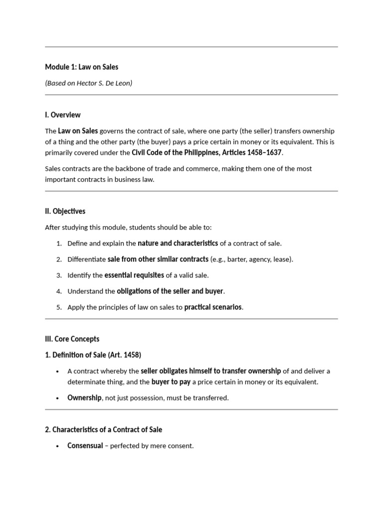Law on Sales: Key Concepts & Obligations | PDF | Sales | Prices