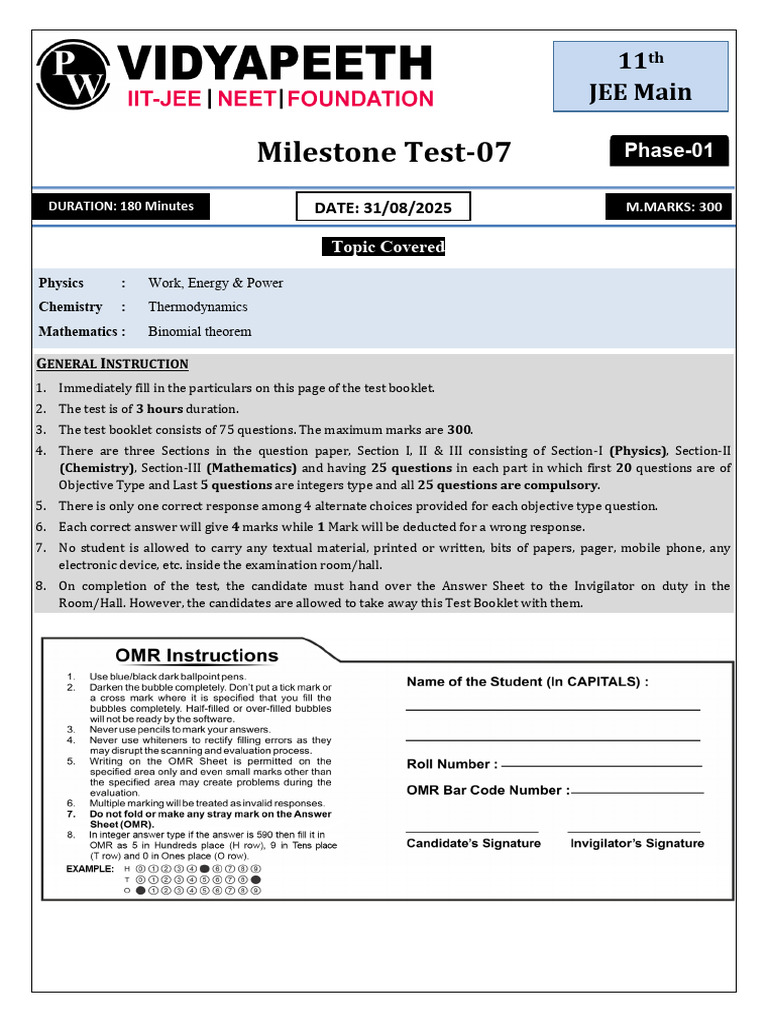 Milestone Test - 07 Test Paper | PDF | Enthalpy | Force