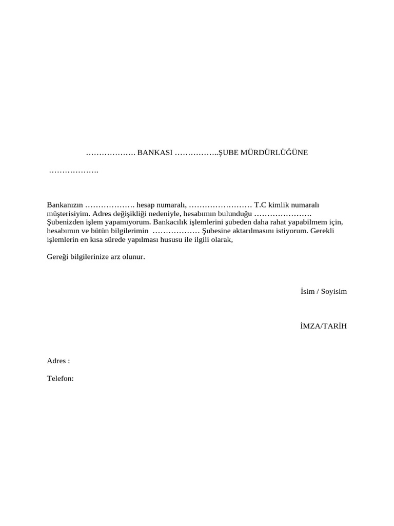 Banka Şube Değişikliği Dilekçesi | PDF