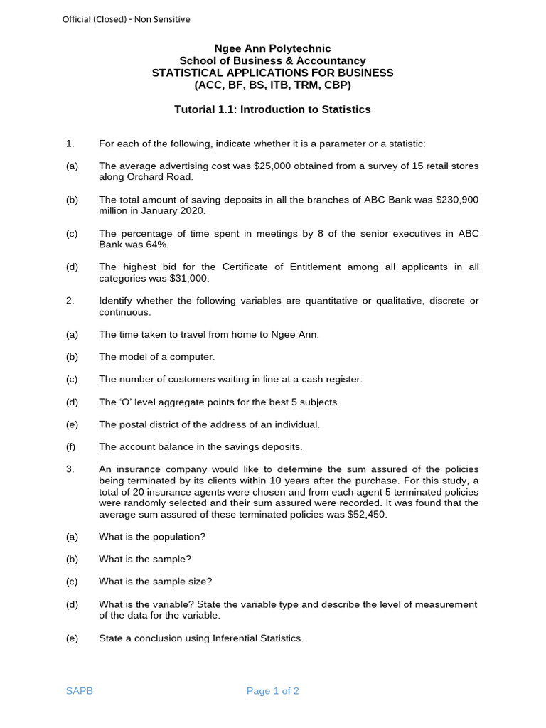 Tutorial 01 - Introduction To Statistics & Organising Data1 | PDF ...