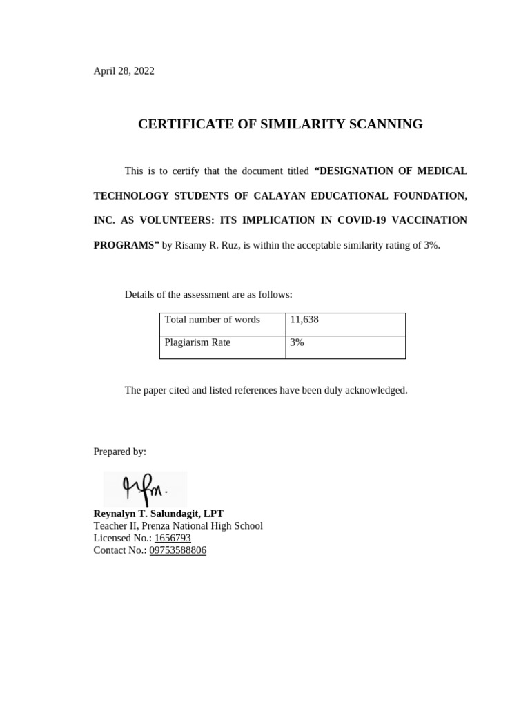 APRIL 28, 2022 Certificate of Similarity Scanning | PDF