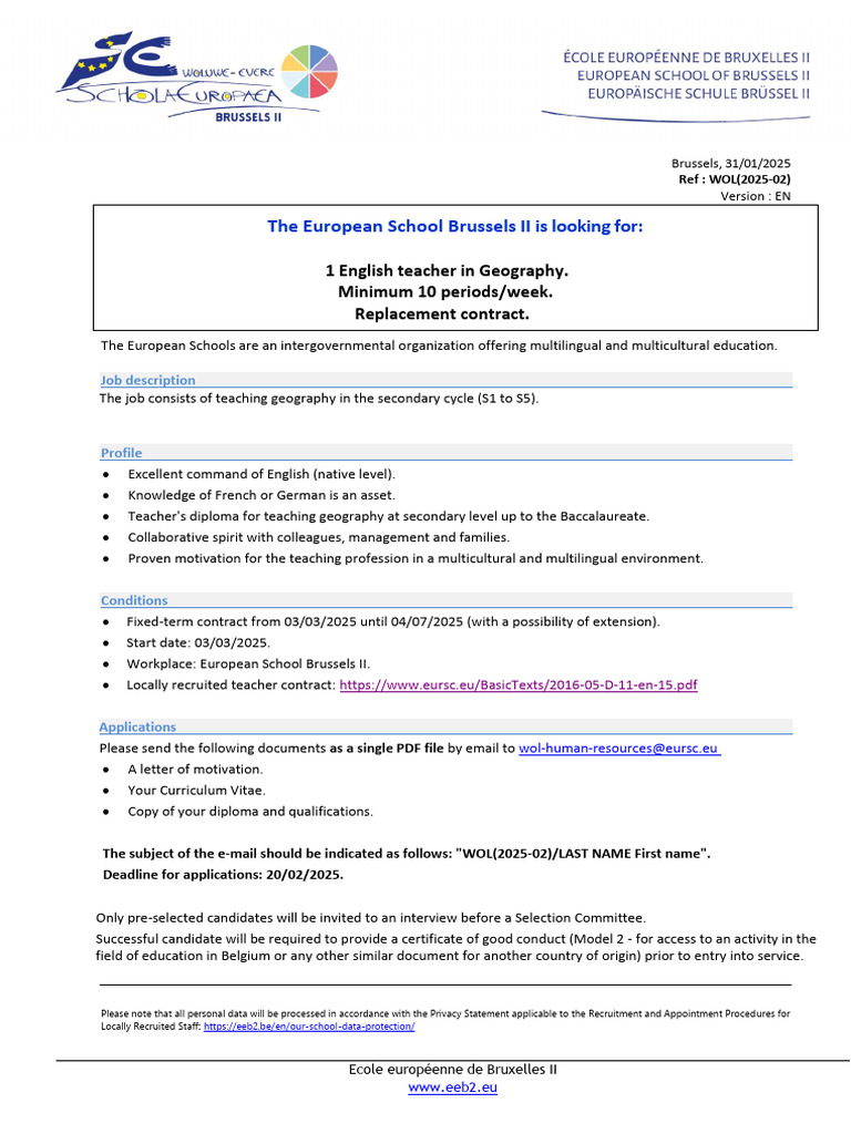 Geography Teacher Job at EEB II | PDF | Teachers